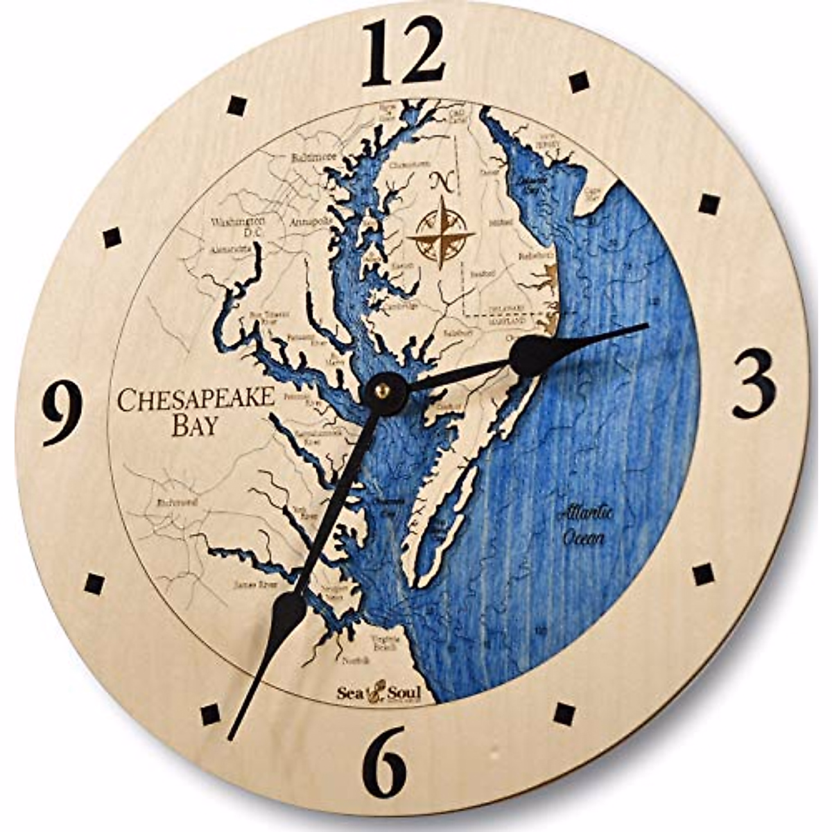 Sea & Soul Chesapeake Bay 3-D Nautical Wood Chart 12" Wall Clock, Handcrafted in The USA, Topographic Water Map Clock, Carved Lake Art Wall Clock, Coastal Décor (Deep Blue)
