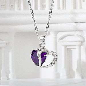 Jeulia 925 Silver Double Heart Pendant Necklace Amethyst Diamond Pendant with CZ Stone Romantic Jewelry Gifts for Her Mother’s day Aniversary Promise Gift (Silver) (Purple)