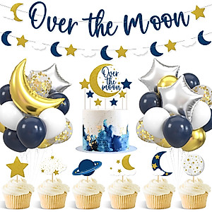 Sinasasspel Over the Moon Baby Shower Decorations Space Party Banner Moon Star Cake Cupcake Toppers Navy Blue Gold Balloons for Twinkle Twinkle Little Star Outer Space First Birthday Supplies