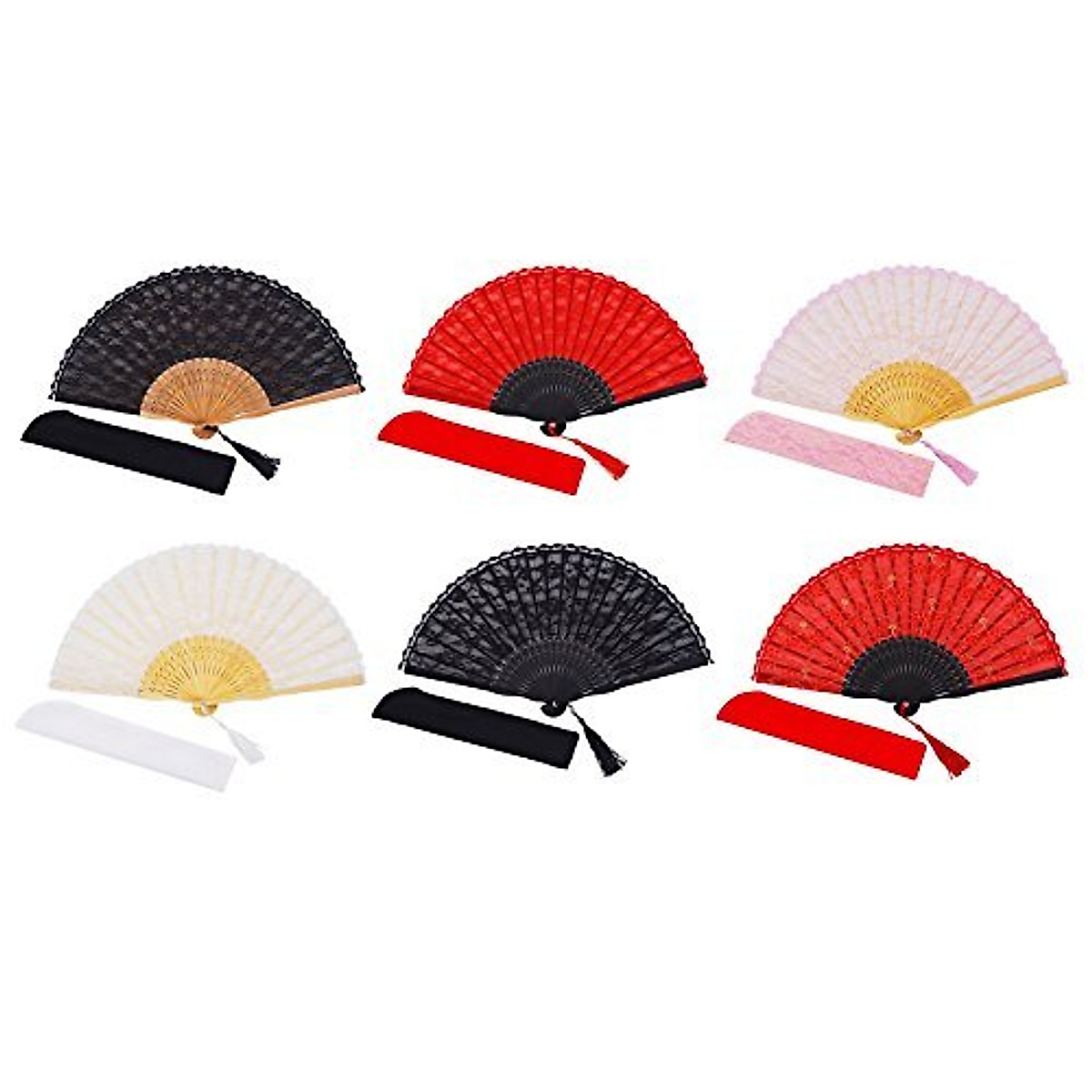 Womens Multi Color Handmade Cotton Lace Folding Hand Fan (Black-A) (6-pac)