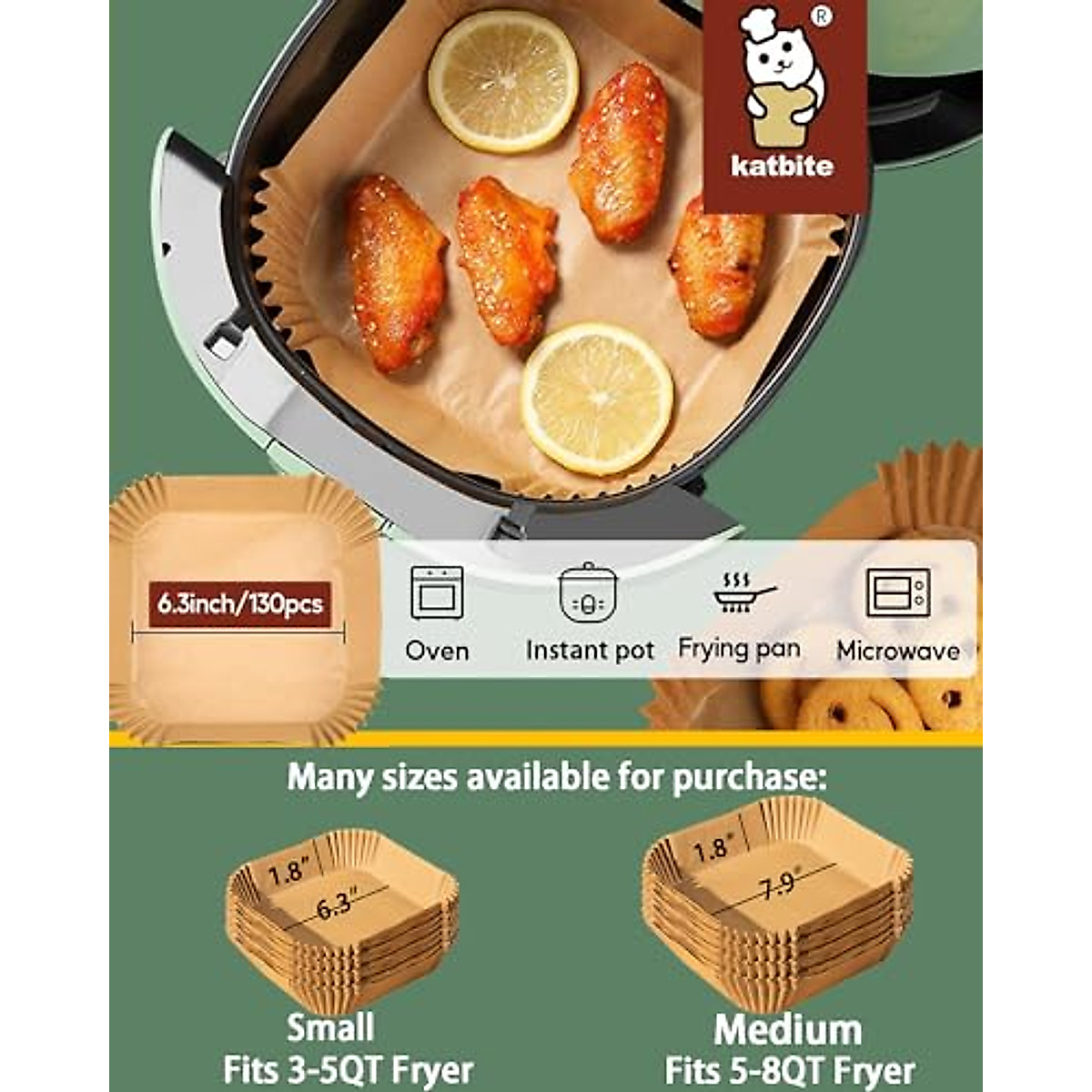 Katbite 130PCS 6.3 IN Disposable Air Fryer Paper Liners, Square Air Fryer Liners for 3 to 5 Qt Fryer, Unbleached Non-Stick & Oil-proof Parchment Paper