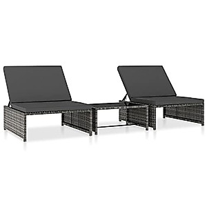 Natulvd Sun Loungers Set of 2 with Table, Adjustable Backrest Outdoor Patio Pool Lounge Chair, Rattan Reclining Chaise Lounger with Cushion - Gray
