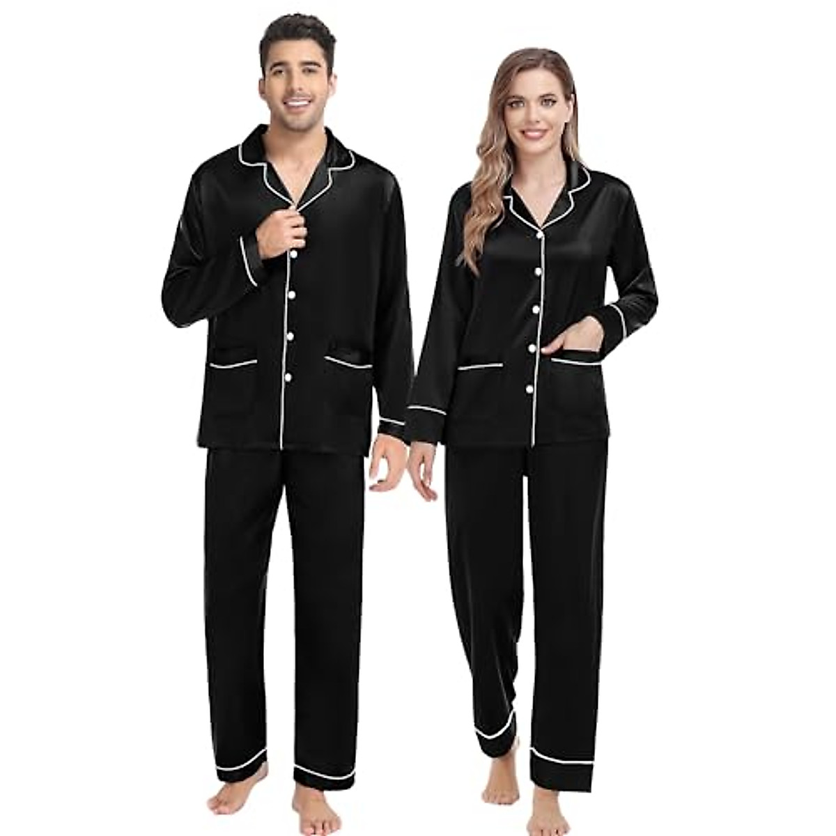SWOMOG Couple Family Pajamas Matching Sets Women Silk Satin Pjs Set 2 Pcs Long Sleeve Button Down Sleepwear with 2 Pockets, Black Small