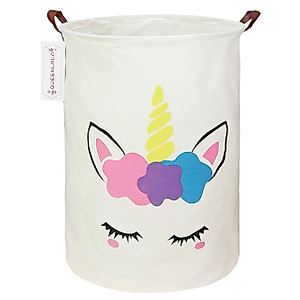 QUEENLALA Large Storage Basket,Laundry Hamper/Bathroom/Home Decor/Collapsible Round Storage Bin,Boys and Girls Hamper/Boxes/Clothing（Golden Unicorn）