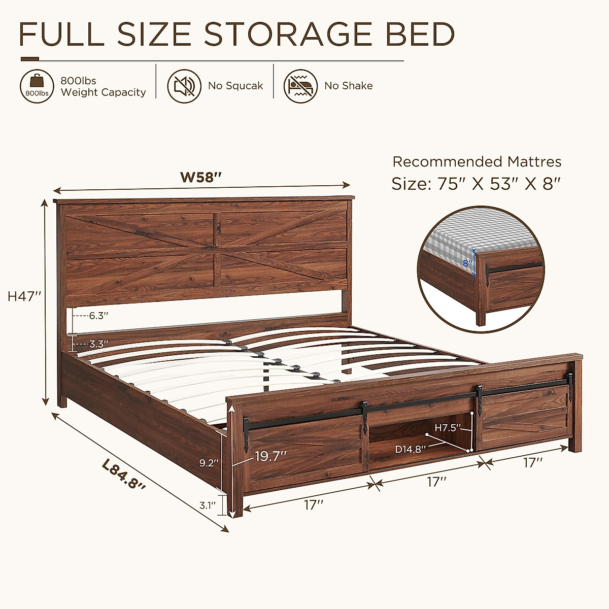 JXQTLINGMU Farmhouse Wood Bed Frame Full Size with Sliding Barn Door Storage Cabinets and Headboard, Solid Wood Slats Support, Noiseless, No Box Spring Needed, Brown