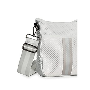 Jeri Vapor Crossbody Tote by Haute Shore, White Coated W/Silver & Rosegold Stripe