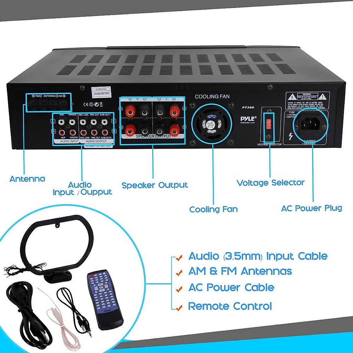 Pyle Updated Premium Pyle Stereo Preamplifier, Home Entertainment Receiver, Bluetooth Amp, RCA Audio Input, 2 Channel Amp, AM/FM Radio with LCD Display, MP3/USB/AUX, AC Power Cable PT395