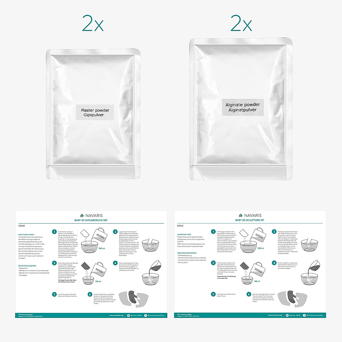 Navaris Baby Hand and Foot Casting Kit - Molding and Plaster Materials for 3D Casts - Includes 2 Packs Alginate Powder and 2 Packs Plaster Powder