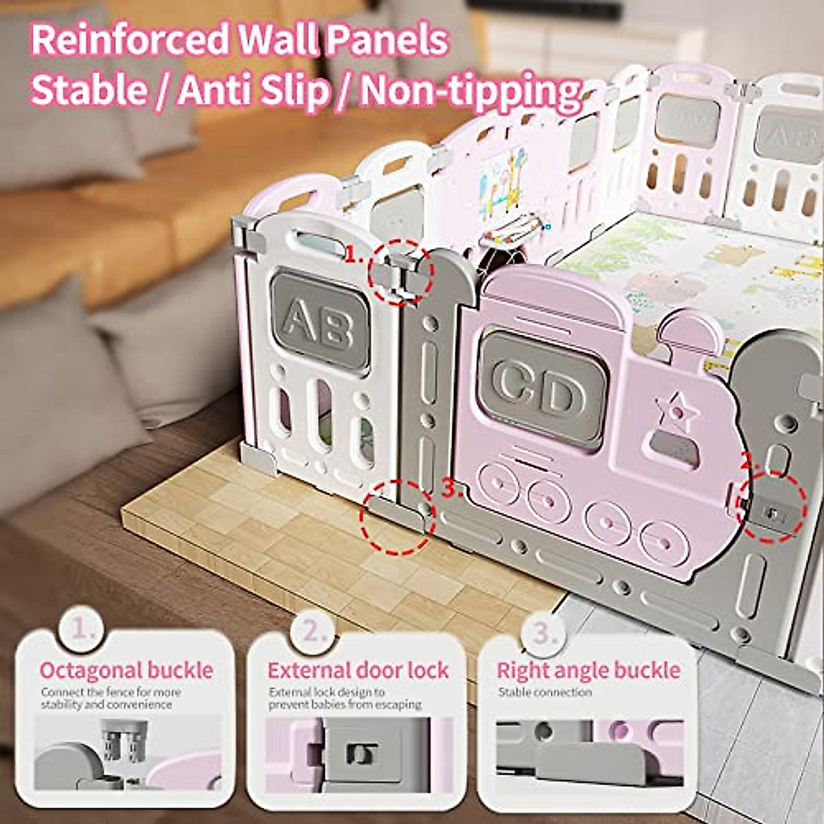 UNICOO – Baby Playpen, Foldable Kids Fence Activity Center, Safety Playard with Games Station Non-Slip Rubber Bases, Adjustable Shape (ZC-001-PW Pink + White)