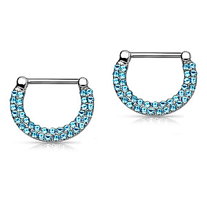 Forbidden Body Jewelry 14G Surgical Steel Double Lined Aqua Blue Crystal Gemmed Nipple Piercing Clicker Ring Set