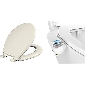 Mayfair Kendall Toilet Seat and Bidet Bundle, Slow Close Wood Toilet Seat with Non-Electric, Easy to Install SlimGlow Bidet Attachment, Round, Biscuit