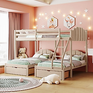 PRNDOLE Full Over Twin & Twin Bunk Bed,Triple Bunk Bed with 3 Drawers,Headboard and Guardrails for Kids Teens Adults,Beige