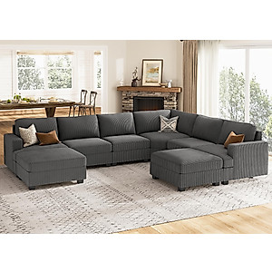 Nolany Sectional Couch with Storage Ottoman, Corduroy Modular Corner Sectional Sofa, U Shape Sectional Couches for Living Room, Dark Grey