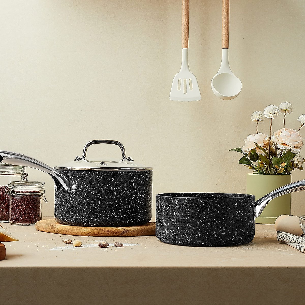 HLFRG Saucepan Set with Lid, Nonstick 2Qt & 3Qt Sauce Pan Set with Lid, Small Pot with Lid, Natural Granite Nonstick Saucepan Set, Small Sauce Pots, Black Pot Set - 2Qt & 3Qt