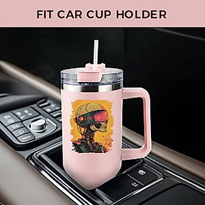 LB LEOBON 40 ounce insulated cup with handle, double-layer vacuum stainless steel material, equipped with straw, can keep warm or maintain cold drinks Neone Poppe Skeletons 3 Light pink