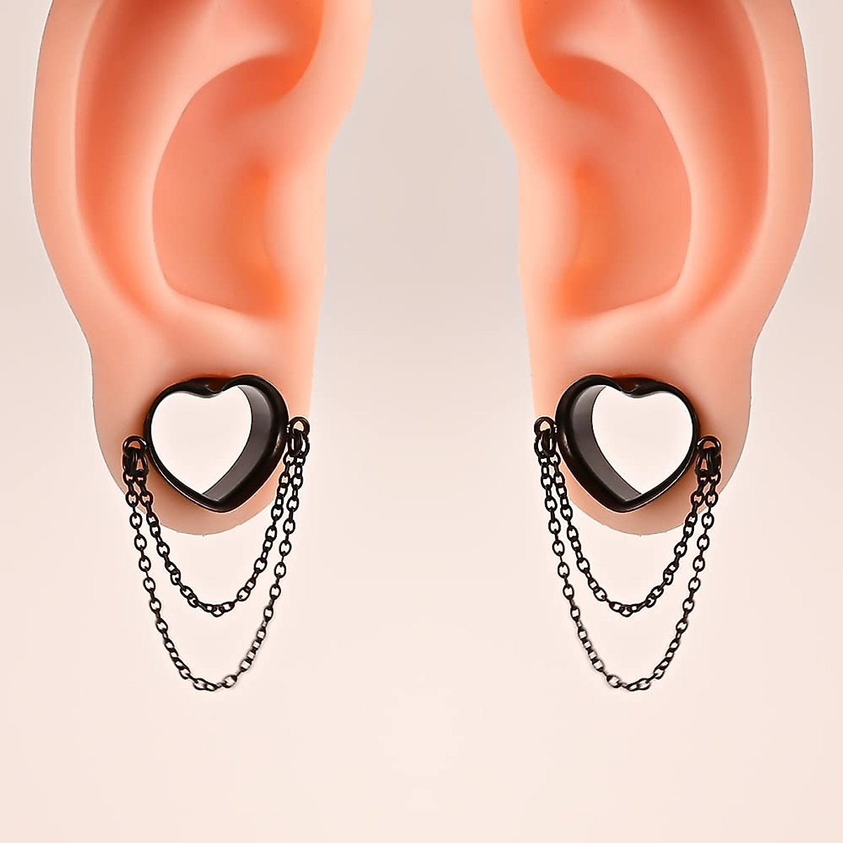 DOEARKO 2 Pcs Ear Gauges Simple Style Tunnels Dangle Plugs with Chain Elegant Stretchers Hypoallergenic Stainless Steel Body Jewelry (14mm(9/16"), Black Heart)