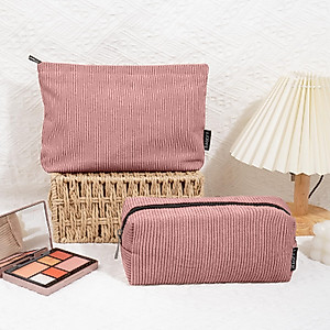 MAGEFY 2 Pcs Makeup Bags for Women, Corduroy Make up Bag for Purse Travel Makeup Bag Small Cosmetic Bags with Zipper Makeup Pouch for Travelling - Dusty Pink