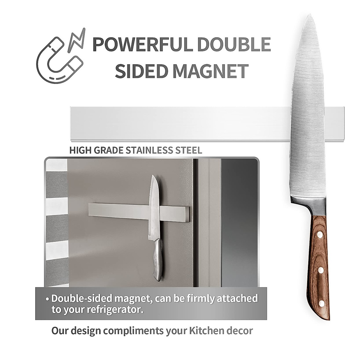 Magnetic Knife Holder for Wall No Drill, 16 Inch Stainless Steel Fridge Magnetic Knife Holder Knife Wall Magnet Rack Heavy Duty Magnet Strip for Knives on Fridge Wall(Double Sided, 16inch)