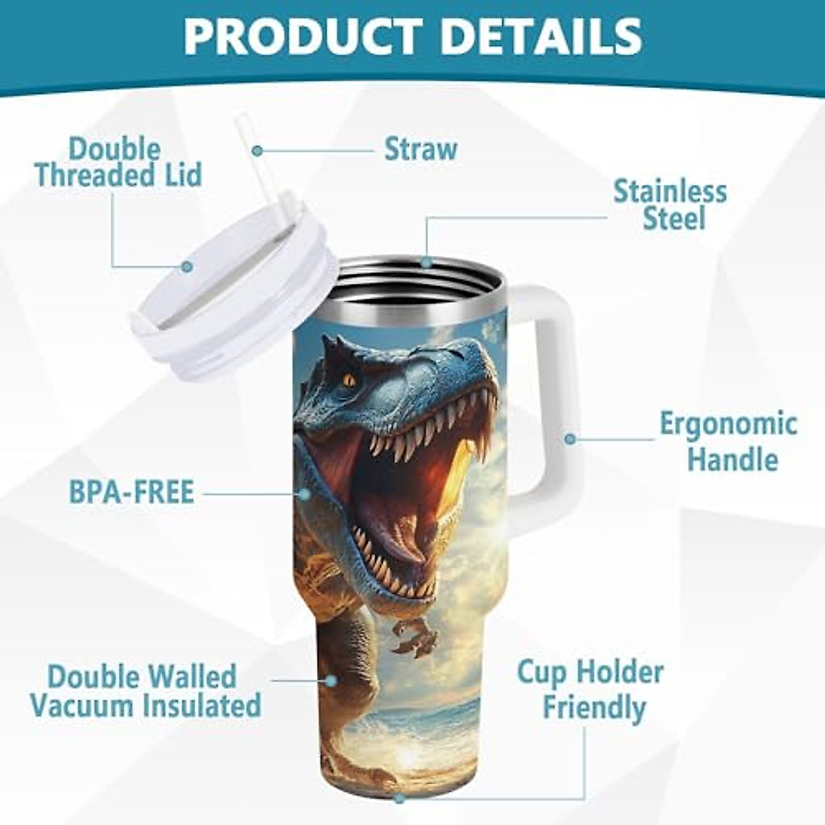 Slewiaeky Tumbler with Handle 40 oz Cool Beast Dinosaur T Rex Travel Mug with Lid and Straw Stainless Steel Vacuum Insulated Water Bottle Cup for Iced Tea Coffee Cold Beverages Cup Holder Friendly