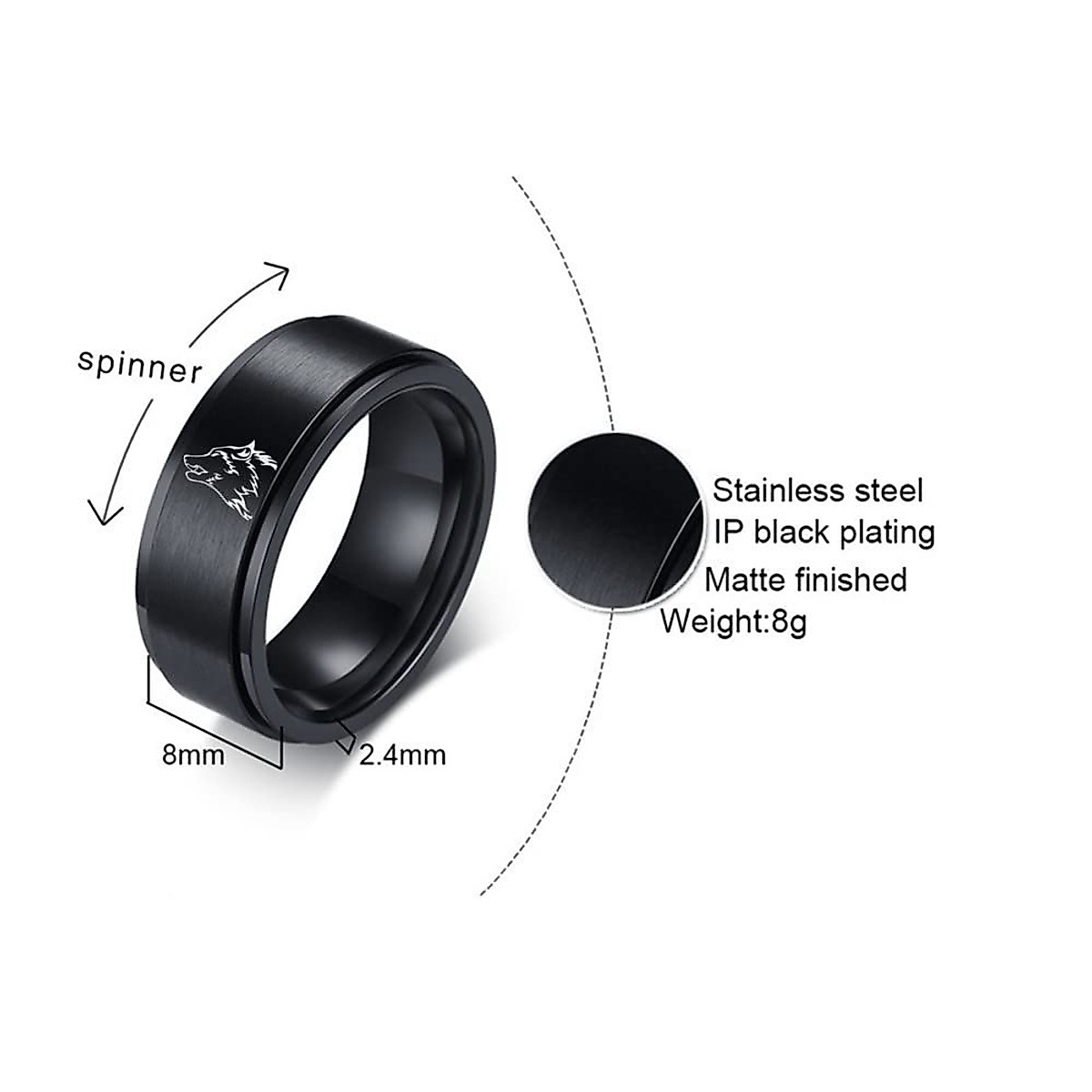 Viking Wolf Spinner Ring for Men Women, Stainless Steel Wolf Head Wolves Spirit Anxiety Band Ring, Fenrir Wolf Finger Rings, Wolf Fans Jewelry Gifts, Black, Size 11