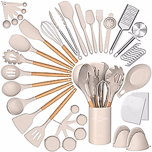 Silicone Cooking Utensils Set, 43Pcs Non-Stick Heat Resistant Kitchen Utensils Spatula Set with Wooden Handle for Baking, Cooking, and Mixing, Best Kitchen Gadgets Tools with Holder (Khaki)
