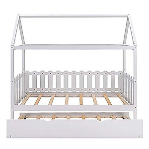 KLMM Low Daybed for Kids, Floor Bed with Trundle Bed, House Shape Wooden Bed Frame with Fence-Shaped Guardrail and Roof, Bedroom Furniture, Can be Decorated, Tent, Twin (White+Fence-Shaped Guardrail)