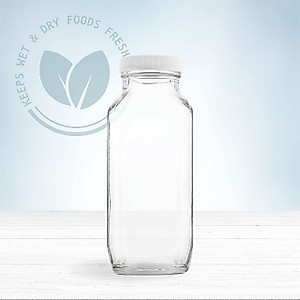 kitchentoolz 16oz Square Glass Milk Bottle with Plastic Airtight Lids - Vintage Reusable Dairy Drinking Jars Containers for Milk, Yogurt, Smoothies, Kefir, Kombucha, and Water- Pack of 2