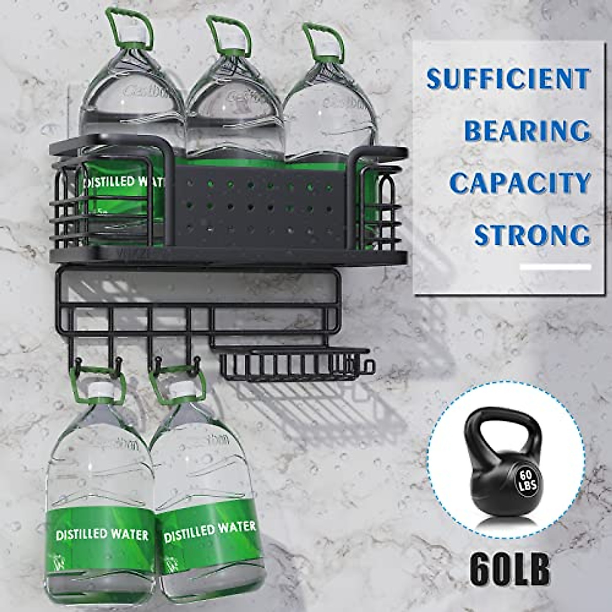 VNKZI Full Stainless Steel Adhesive Shower Caddy Shelf Organizer, No Drilling Rustproof Wall Stall Basket High Suction Shelves with Soap Sponge Holder, Bathroom Storage Rack