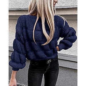 PRETTYGARDEN Women's 2024 Fall Sweaters Casual Crew Neck Pullover Long Puff Sleeve Loose Plain Chunky Knit Cute Blouse Tops (Navy,Large)