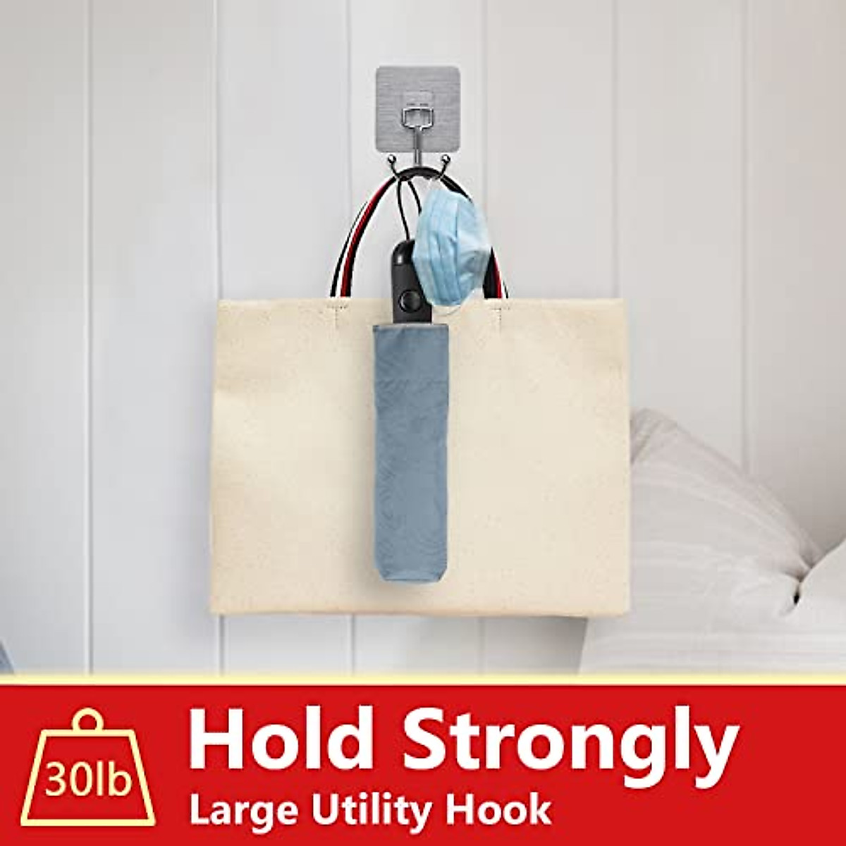 Booda Brand Adhesive Hooks 30lbs Max Heavy Duty Double Wall Hooks for Hanging No Damage, Waterproof & Rustproof Stainless Towel Hooks for Bathroom, Kitchen Home and Office (6, Large)