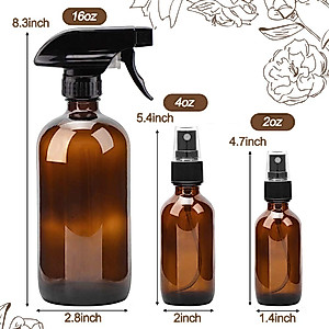 Worldgsb Glass Spray Bottles, 16oz*2+4oz*2+2oz*4 Refillable Containers, Empty Boston Round Bottles with Adjustable Nozzle for Cleaning, Gardening, Aromatherapy, Pets, Plant, Hair -Amber