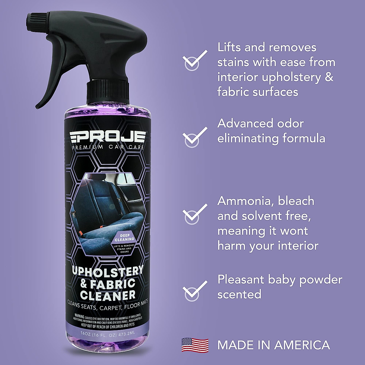 PROJE' Upholstery & Fabric Cleaner - Effective Carpet Cleaner - Stain remover - Eliminates Odors - Car Seat Cleaner - 16 Fl Oz