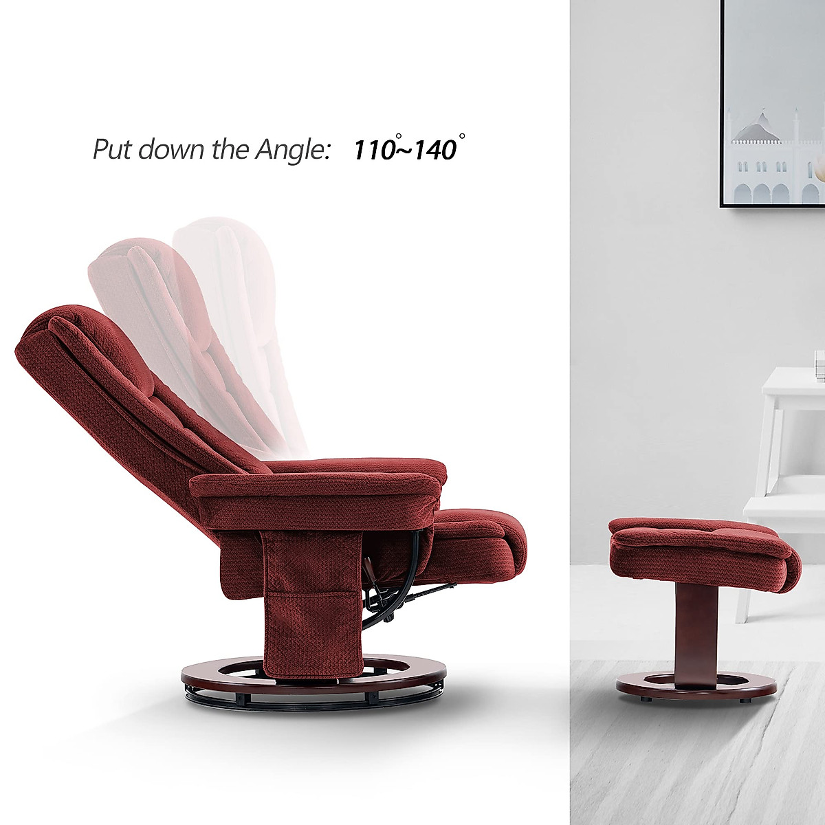 MCombo Recliner Chair with Ottoman, Fabric Accent Chair with Vibration Massage, Swivel Chair with Wood Base, for Living Reading Room Bedroom, 9099 (Burgundy)