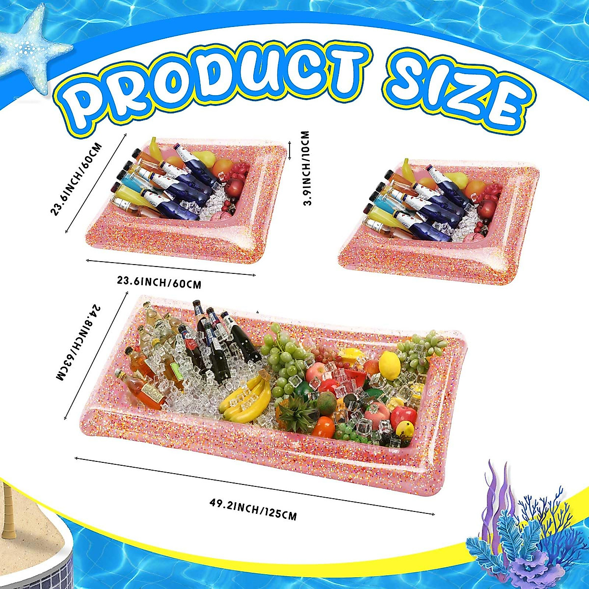 meekoo 3 Pcs Inflatable Cooler Inflatable Serving Bar Salad Ice Buffet Tray Container for Party with Glittering Confetti Drain Plug for Food Drink Pool Beach BBQ Picnic, 1 Rectangle 2 Square (Pink)