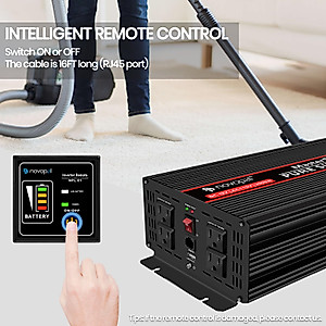 Novopal Power Inverter Pure Sine Wave 2000 Watt 12V DC to 110V/120V AC Converter- 4 AC Outlets Car Inverters with One USB Port,16.4Ft Remote Control-Peak Power 4000 Watt
