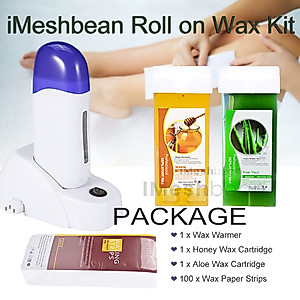 iMeshbean® Depilatory Roll on Wax Heater Roller Warmer Cartridge Strips Hair Removal Kit USA (Aloe & Honey Wax & 100 Paper)