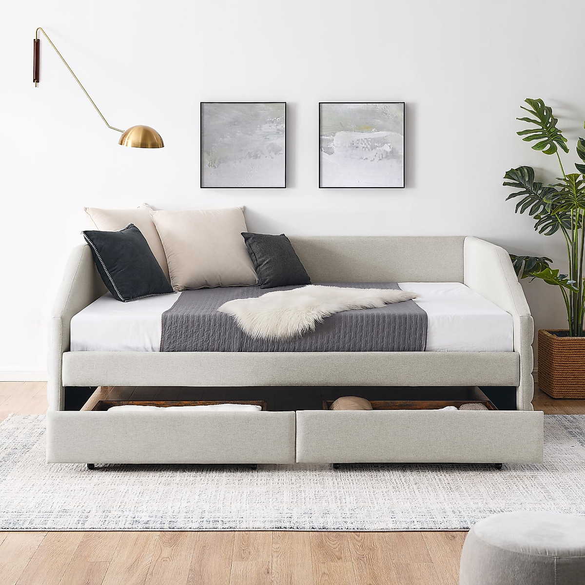 OMGO Linen Upholstered Queen Size Daybed with Two Storage Trundle Drawers, Solid Wooden Sofa Bed Frame w/Tufted Decorate, No Box Spring Needed, Space-Saving Design