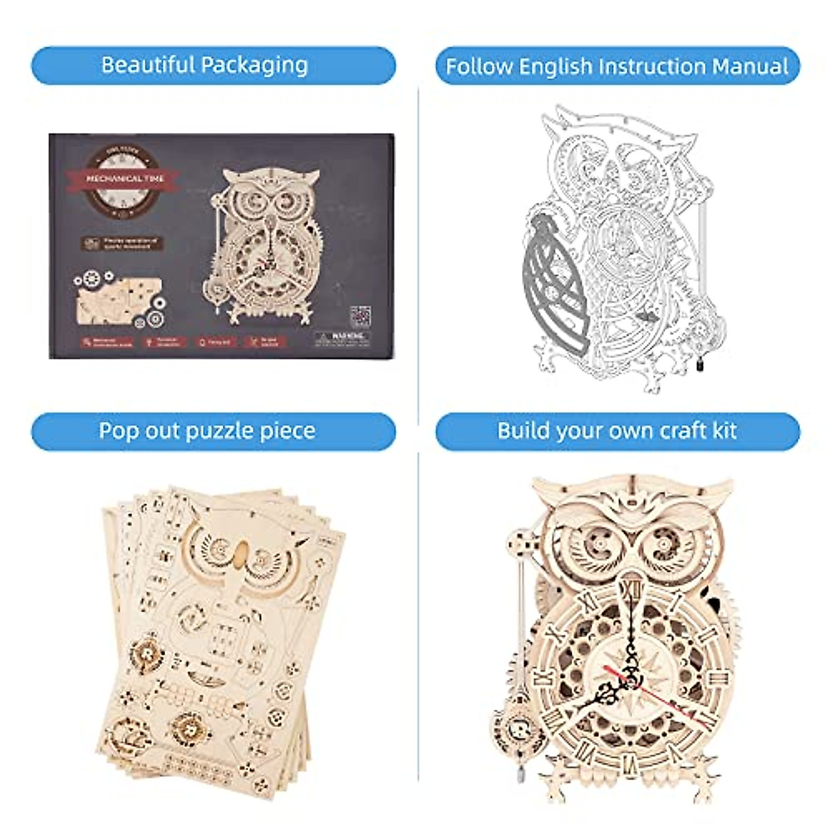 RoWood 3D Puzzles for Adults, Wooden Model Kits for Adults to Build, Birthday Gift for Adults & Teens (161 PCS)- Owl Clock