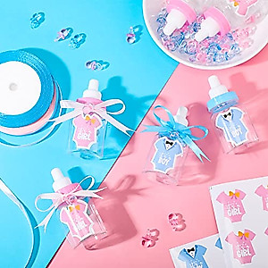 48 Set Gender Reveal Baby Shower Favors Baby Mini Milk Bottles Plastic Baby Milk Bottle 48 Pcs Mini Pacifiers Tiny Plastic Pacifiers 64 Pcs Gender Reveal Stickers Baby Shower Sticker and 2 Roll Ribbon