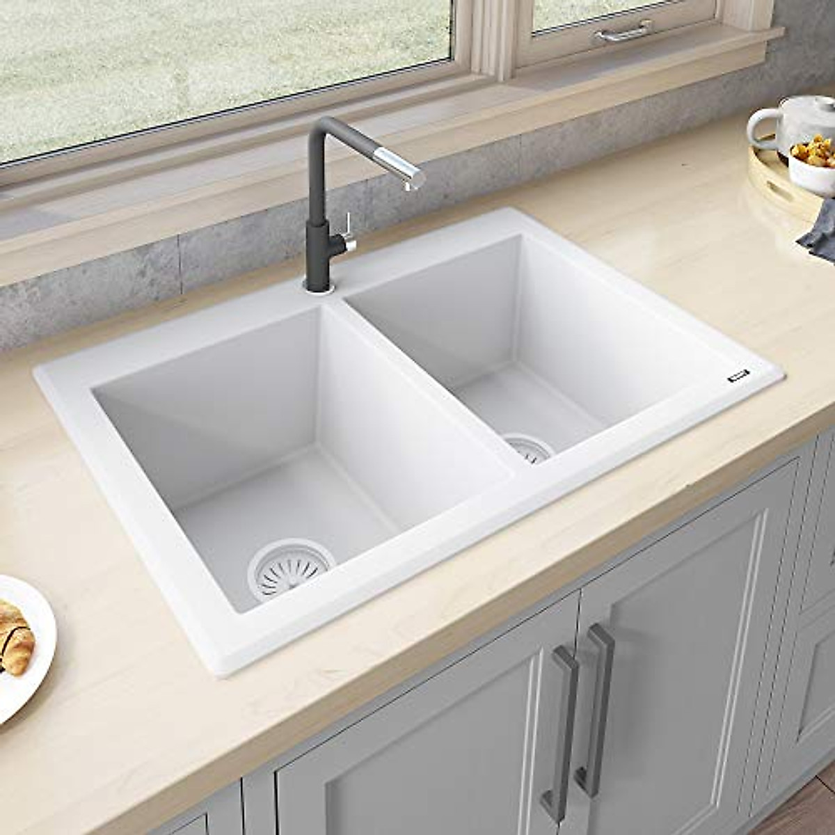 Ruvati 33 x 22 inch Drop-in Topmount Granite Composite Double Bowl Kitchen Sink - Arctic White - RVG1388WH