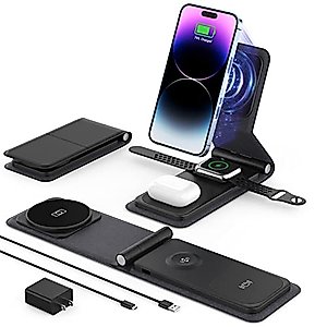 Hasbagan 3 in 1 Charging Station, Magnetic Foldable Charger, Travel Charging pad for iPhone 14 13 12 Pro Max & Apple Watch - Charging Stand Dock for AirPods (Black)