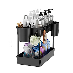 Under Sink Organizer, 2 tier Kitchen Under Cabinet Countertop Organizers Storage Rack Basket with 5 Hooks and 2 Hanging Cup for Bathroom, Kitchen, Pantry (1)