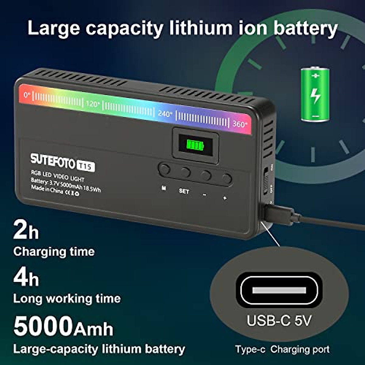 Sutefoto RGB LED Video Light 15 (W) /360° Full Colors/CRI 96+/5000mAh Battery/ 2800K-10000K On-Camera Lighting Mini Pocket Light for Vlog YouTube Videos, Portable LED Camera Light.