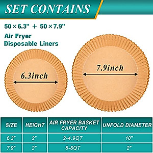 GPUSFAK 100PCS Air Fryer Disposable Paper Liner - 7.9inch and 6.3inch Round Non-stick, Waterproof, Oil-proof Food Grade Parchment Paper for Baking Roasting Microwave