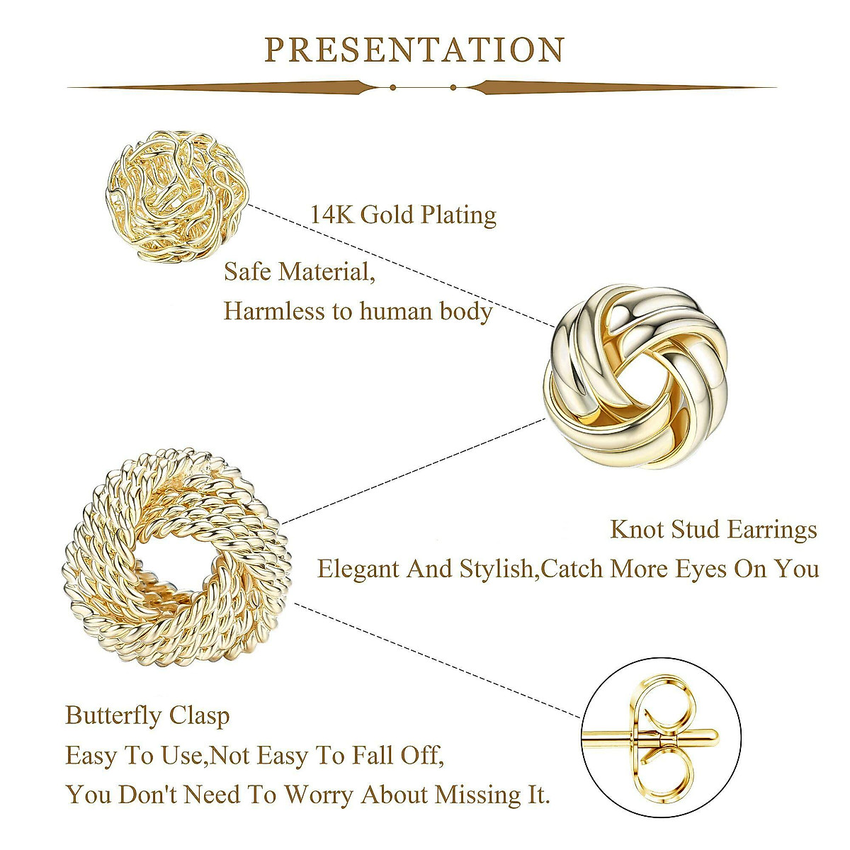 FIBO STEEL 3 Pairs Gold Knot Earrings For Women Men 14K Gold Plated Woven Ball Stud Earrings Simple Post earrings For Women Gold