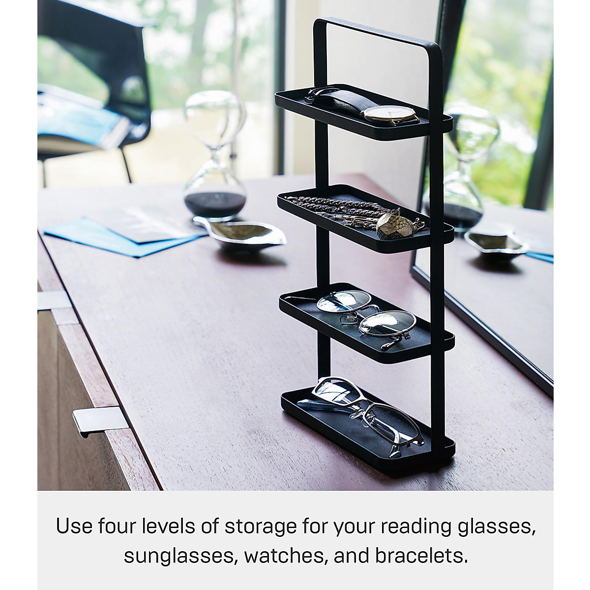 Yamazaki Home Tower 4-Tier Accessory Tray - Jewelry Holder & Storage Organizer - Steel, One Size, Black