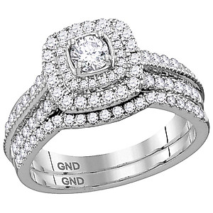 14kt White Gold Womens Round Diamond Halo Bridal Wedding Engagement Ring Band Set 1.00 Cttw