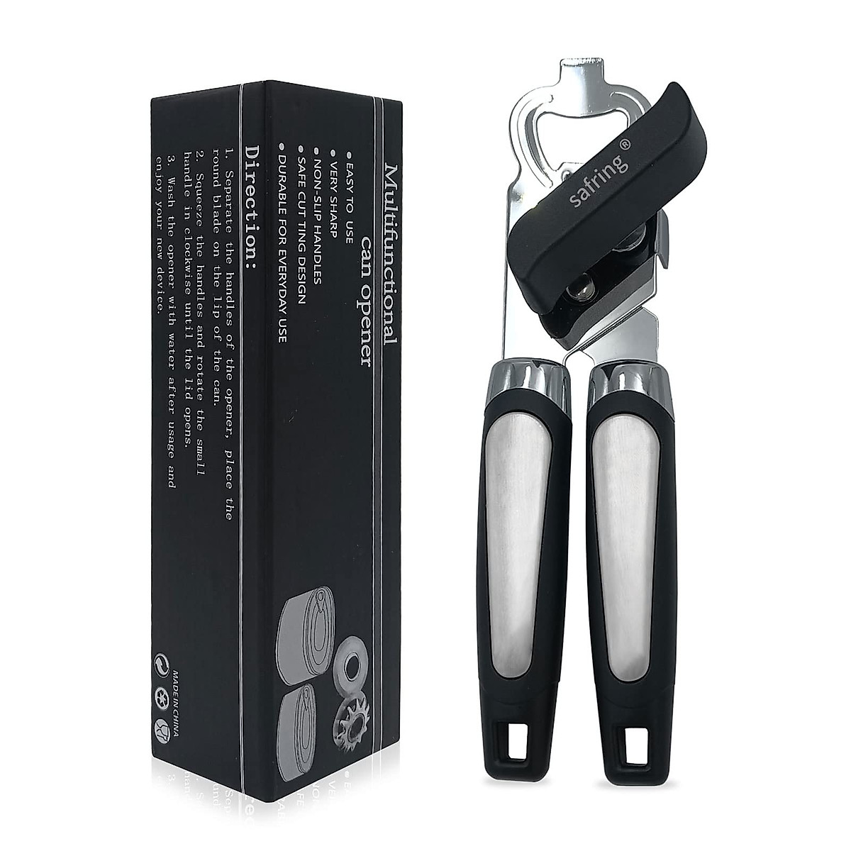 Safring Can Opener Manual, Handheld Strong Heavy Duty Stainless Steel Can Opener, Comfortable Handle, Sharp Blade Smooth Edge, Can Openers with Multifunctional Bottle Opener