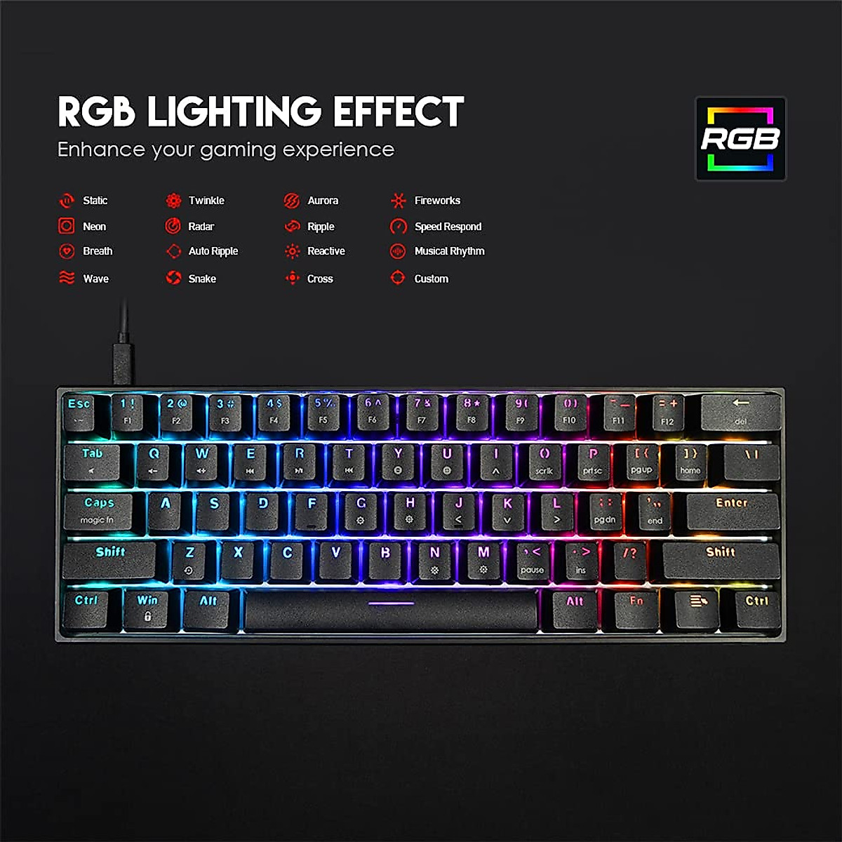 FANTECH MAXFIT61 Wired 60% Mechanical Gaming Keyboard Hot Swap RGB Gaming Keyboard Frost Edition with Retro Translucent Base, Blue Switch(Clicky), White