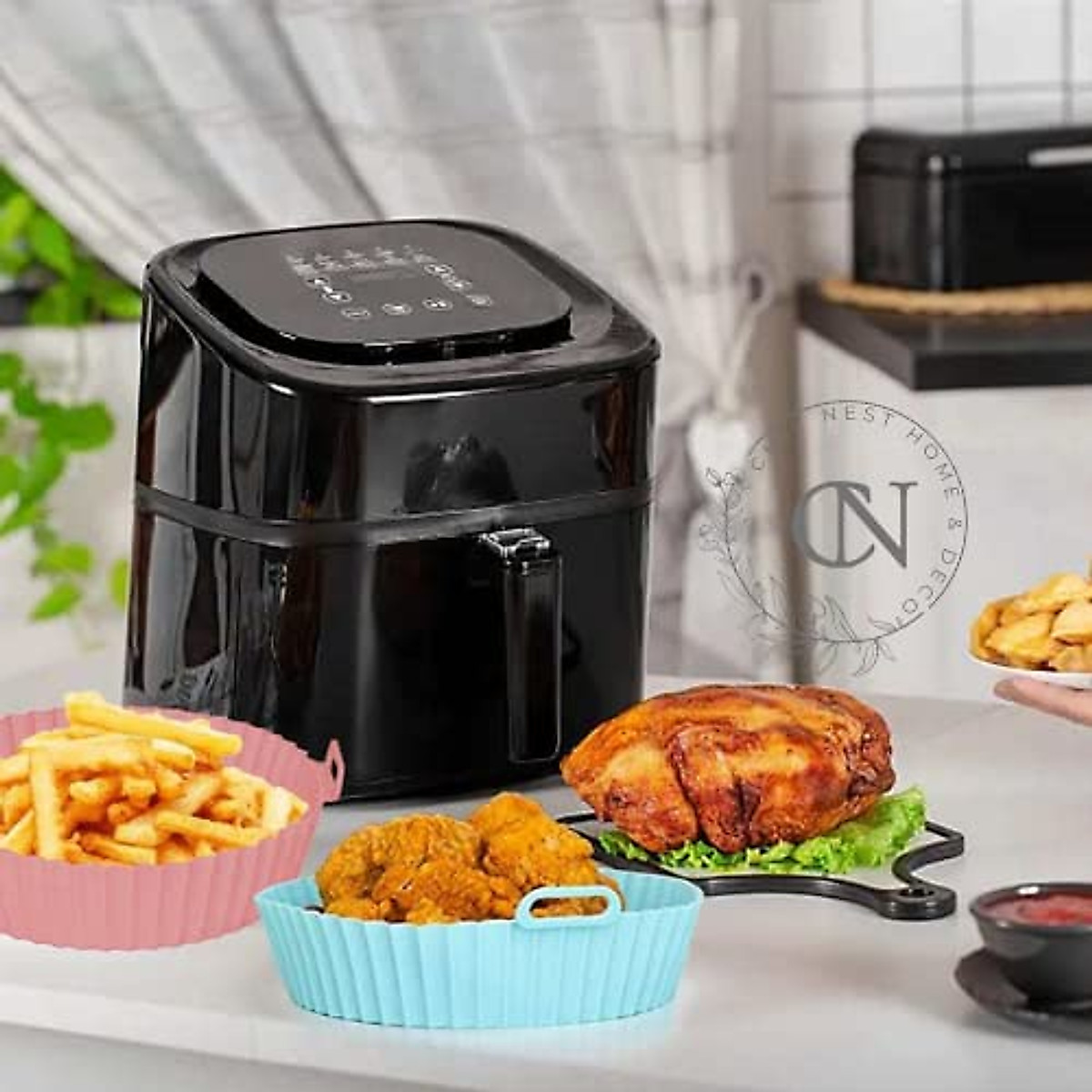 2 Pack Air Fryer Silicone Liners Pot for 3 to 5 QT, Air Fryer Silicone Basket Bowl, Replacement of Flammable Parchment Paper, Reusable Baking Tray Oven Accessories, Pink + Blue